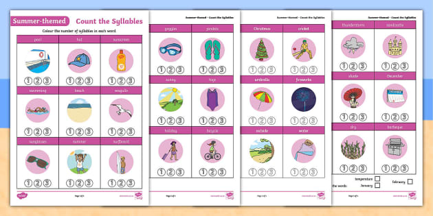 Count The Syllables Summer-Themed Activity Sheet - Twinkl