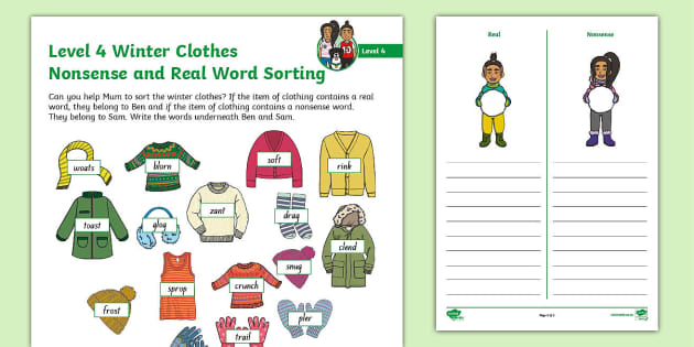 Level 4 Winter Clothes Nonsense and Real Word Sorting