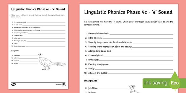 Linguistic Phonics Phase 4c 'e' Sound Word Worksheet