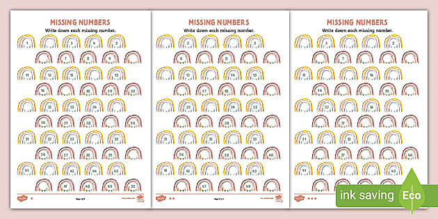 👉 Muted Rainbow Missing Numbers Worksheet (teacher made)