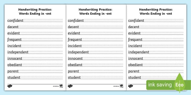 * NEW * Handwriting Practice: Words Ending in -ent