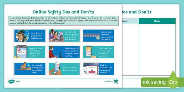 Online Safety Dos and Don'ts Internet Safety Worksheet