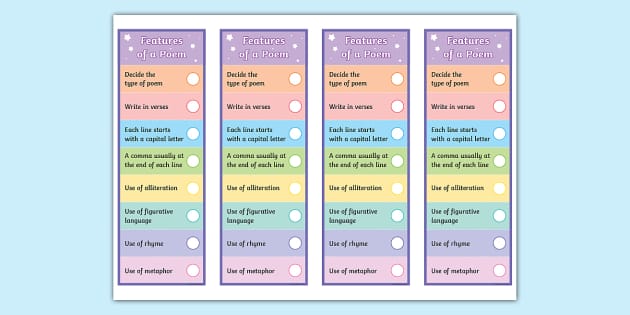 Features of a Poem Bookmark Checklist (teacher made)