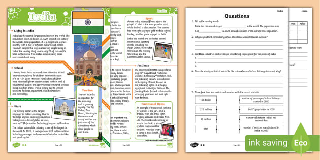 Reading Comprehension Worksheets on India | Year 5-6 | PDF