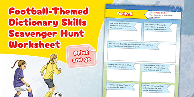 Football-Themed Dictionary Skills Scavenger Hunt Worksheet