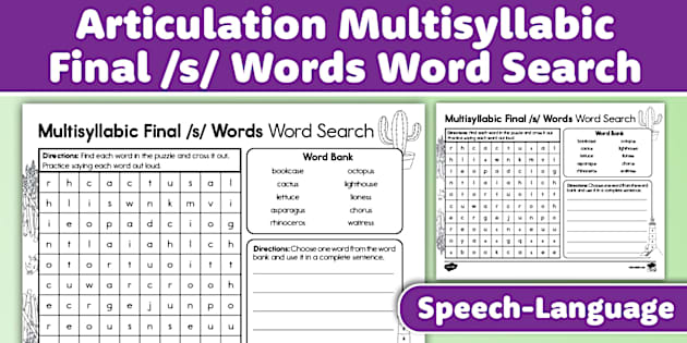 Articulation Multisyllabic Final /s/ Words Word Search