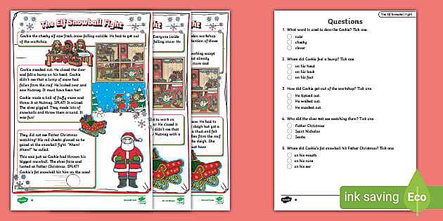 KS1 The Elf Snowball Fight Fictional Differentiated Reading Comprehension