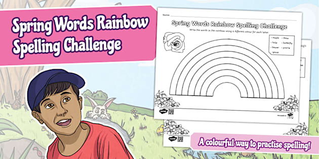 Spring-Themed Words Rainbow Spelling Worksheet