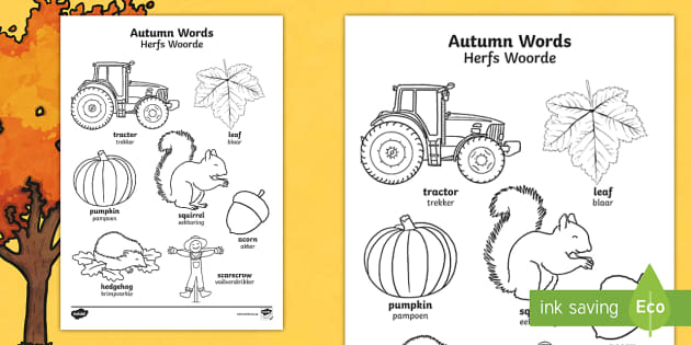 Autumn Themed Words Colouring Page English/Afrikaans