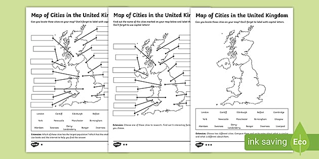 Locating UK Cities on a Map Differentiated Worksheet