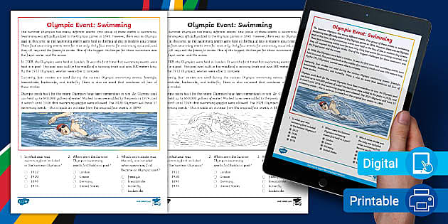 Fifth Grade Olympic Swimming Reading Comprehension Activity