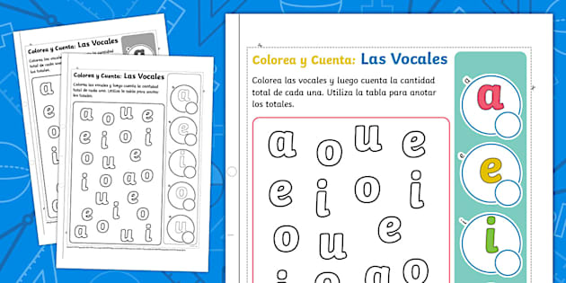 Guía de Trabajo: Colorea y Cuenta - Las Vocales - Twinkl