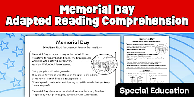 Memorial Day Adapted Reading Comprehension Worksheet for Special ...
