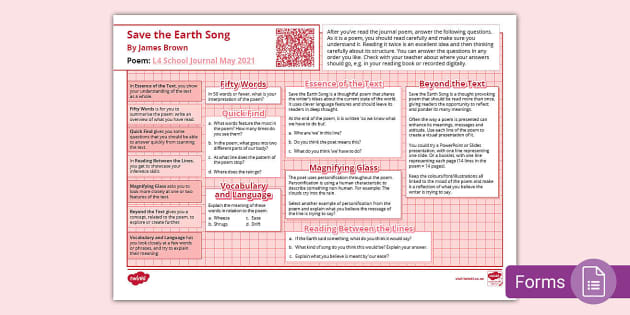 L4 May 2021 School Journal: Save the Earth Song Poem Comprehension