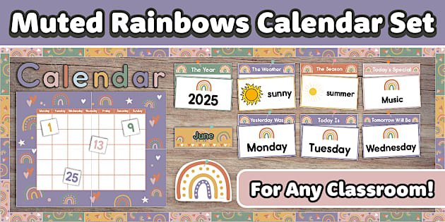 Muted Rainbow Classroom Calendar Bulletin Board Display Pack