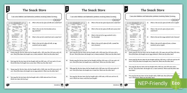 The Snack Store Differentiated Worksheets Indian Currency