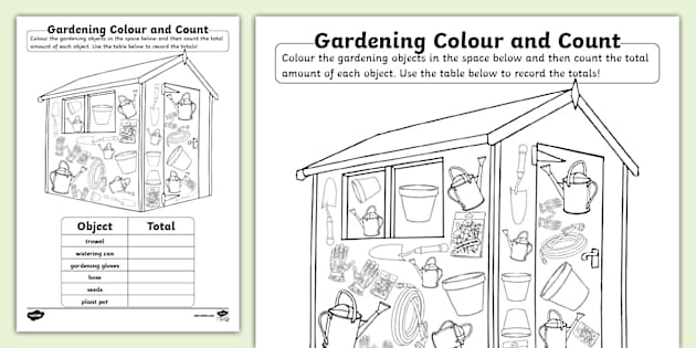 👉 Gardening Colour and Count Worksheet - Twinkl