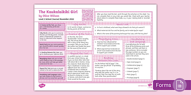 Level 3 November 2022 School Journal: The Kaukalaikiki Girl (Article