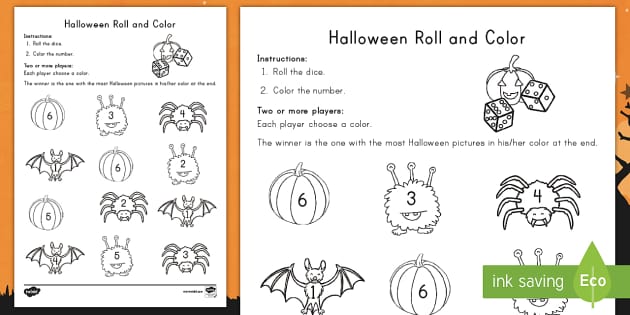Halloween Roll and Color Worksheet / Activity Sheet - Number