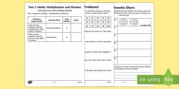 Year 1 Maths Multiplication and Division Learning From Home Activity ...