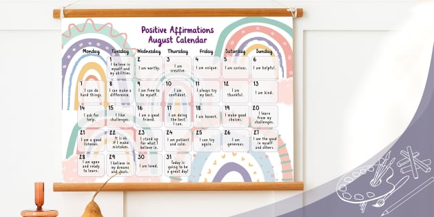 Positive Affirmations August Calendar Muted Rainbow Poster