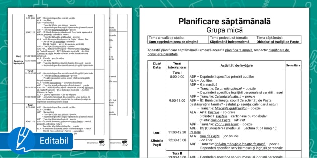 Paștele – Planificare săptămânală grupa mică