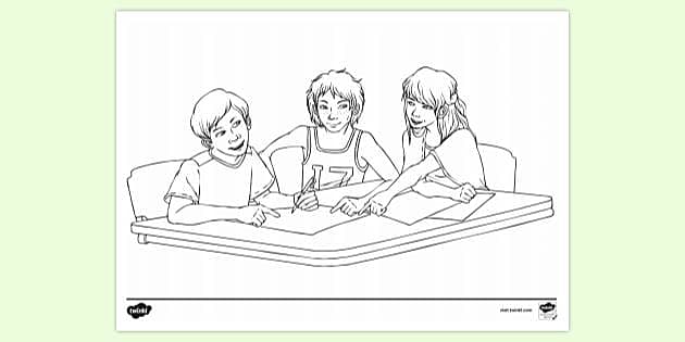 Group Work at a Desk Colouring Sheet | Colouring Sheets