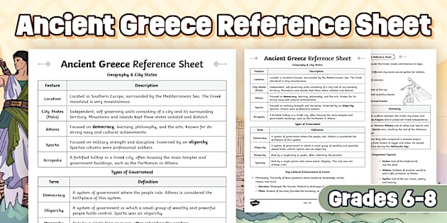 Ancient Greece Reference Sheet for 6th-8th Grade