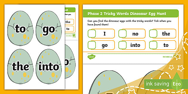 Phase 2 Tricky Words Dinosaur Egg Hunt (teacher made)