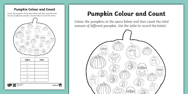 👉 Pumpkin Colour and Count Worksheet (teacher made)