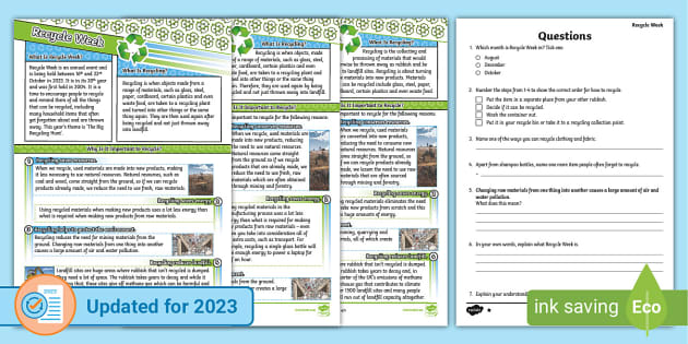 UKS2 Recycle Week Differentiated Reading Comprehension Activity