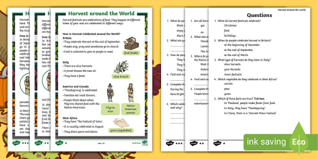 KS1 Harvest around the World Differentiated Reading Comprehension