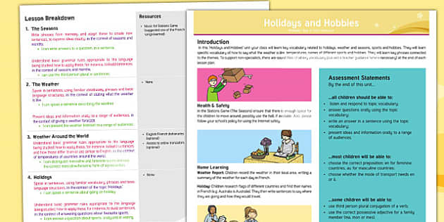 FREE! - French: Holidays and Hobbies Year 4 Overview