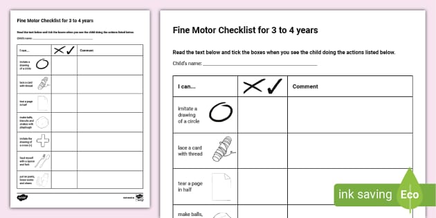 Fine Motor Developmental Checklist For 3 To 4 Years