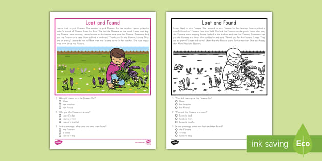 First Grade Lost and Found Reading Passage Comprehension Activity