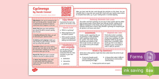 Level 2 June 2023 School Journal: Cycleways Article Follow-Up