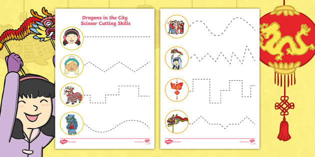 Dragons in the City Cutting Skills Worksheet (teacher made)