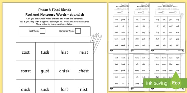 Phase 4 Colour by Final Blends Real and Nonsense Words Worksheet