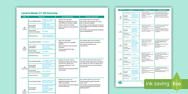 Level 6 Weeks 21-30 Overview Plan (teacher made) - Twinkl
