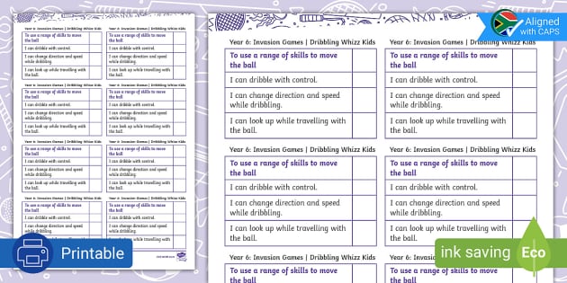 Grade 6 PE Invasion Games Dribbling Whizz Kids Success Grid