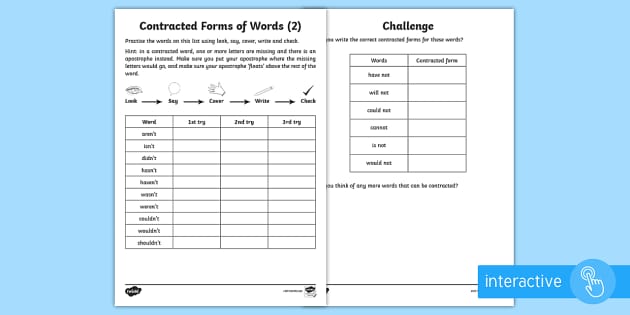 Y2 Spelling Practice Contracted Forms - Spelling Worksheet