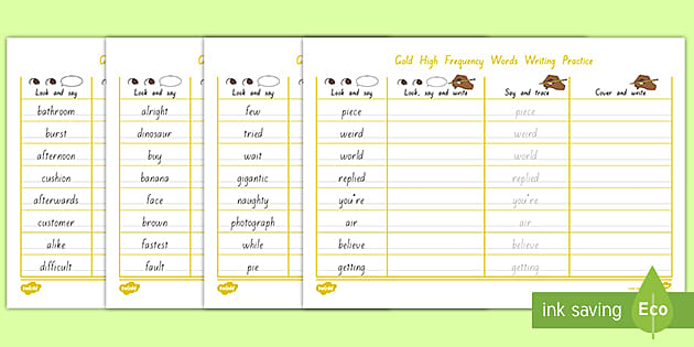 Gold High Frequency Words Writing Practice Worksheets