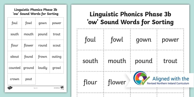 Northern Ireland Linguistic Phonics 3b 'ow' Sound Words for Sorting Sheet