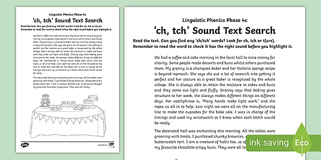 Linguistic Phonics Phase 4c ‘ch, tch’ Sound Text Search Worksheet