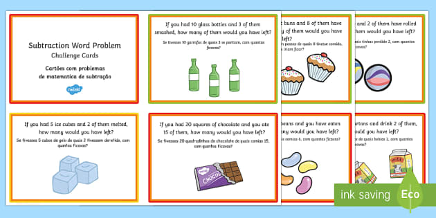 KS1 Subtraction Word Problem Challenge Cards English/Portuguese - KS1