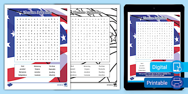 Thomas Jefferson Word Search for 3rd-5th Grade - Twinkl