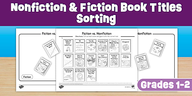 Nonfiction and Fiction Book Titles Cut and Paste Sorting Worksheet for ...