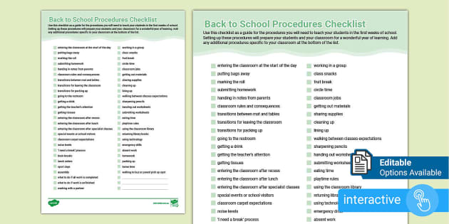 Back to School Australian Procedures Teacher Checklist