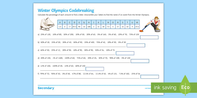 Percentage of Amounts Winter Olympics Worksheet / Worksheet