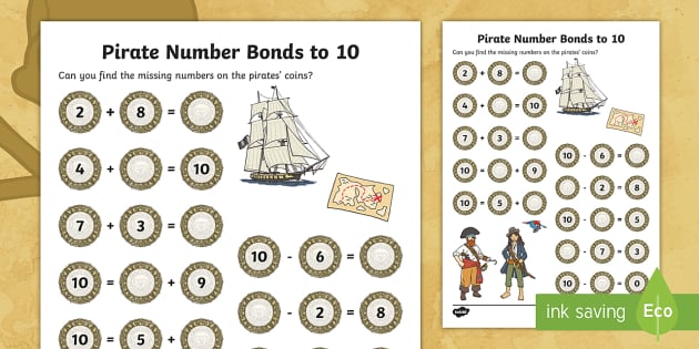 Pirate-Themed Number Facts of 10 Worksheet